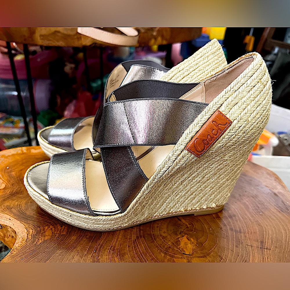 Coach Silver Pewter And Rope Wedge Espadrille Sandals - Gem